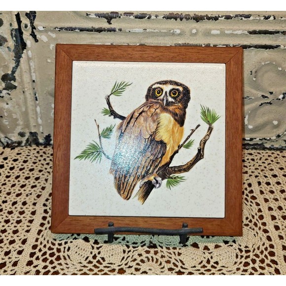 Creations by Deede | Dining | Vintage Wood Framed Ceramic Owl Tile Hot ...